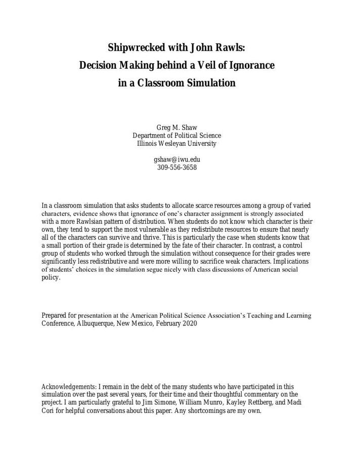 Shipwrecked with John Rawls: Decision Making behind a Veil of Ignorance ...