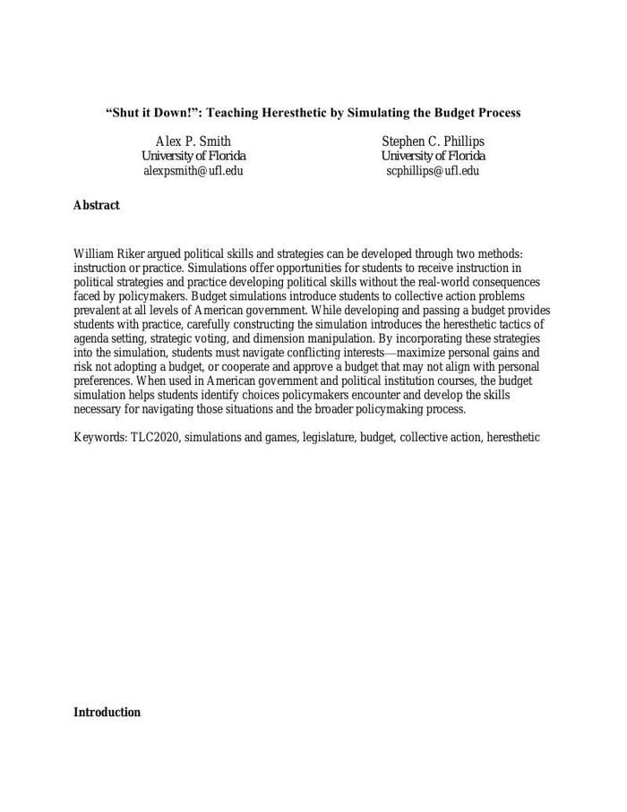 "Shut it Down!": Teaching Heresthetic by Simulating the Budget Process ...