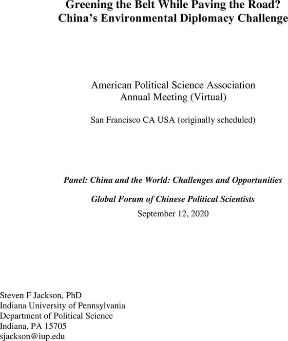 Greening the Belt While Paving the Road? China’s Environmental ...