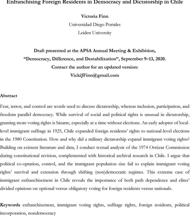 Enfranchising Foreign Residents in Democracy and Dictatorship in Chile ...