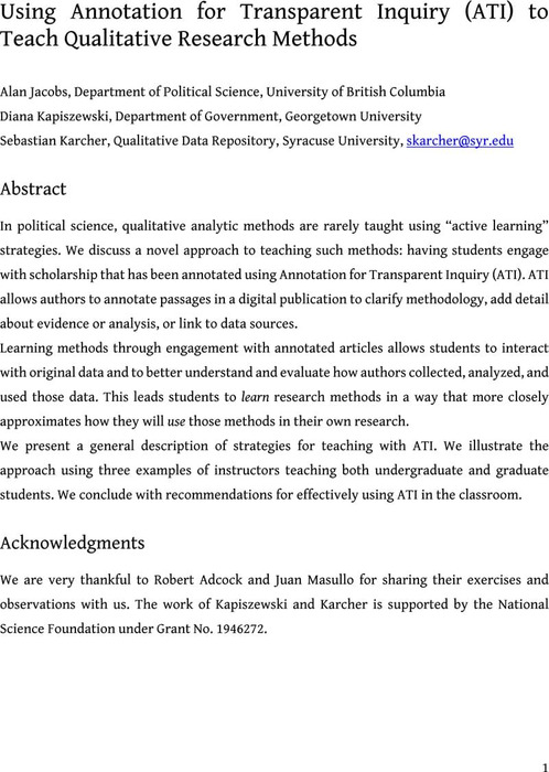Using Annotation for Transparent Inquiry (ATI) to Teach Qualitative ...