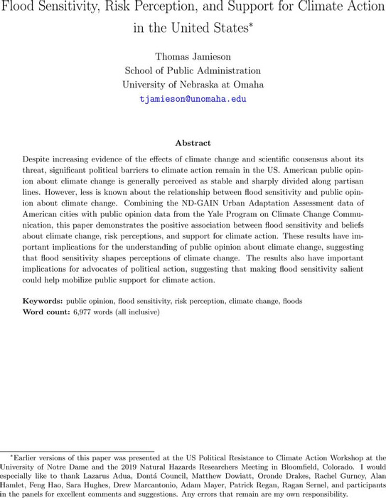 Flood Sensitivity, Risk Perception, and Support for Climate Action in ...