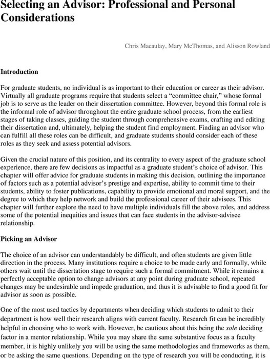 Selecting an Advisor: Professional and Personal Considerations ...