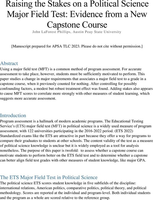 Raising the Stakes on a Political Science Major Field Test: Evidence ...