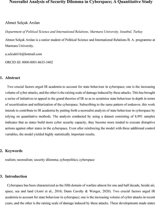 Neorealist Analysis of Security Dilemma in Cyberspace; A Quantitative ...