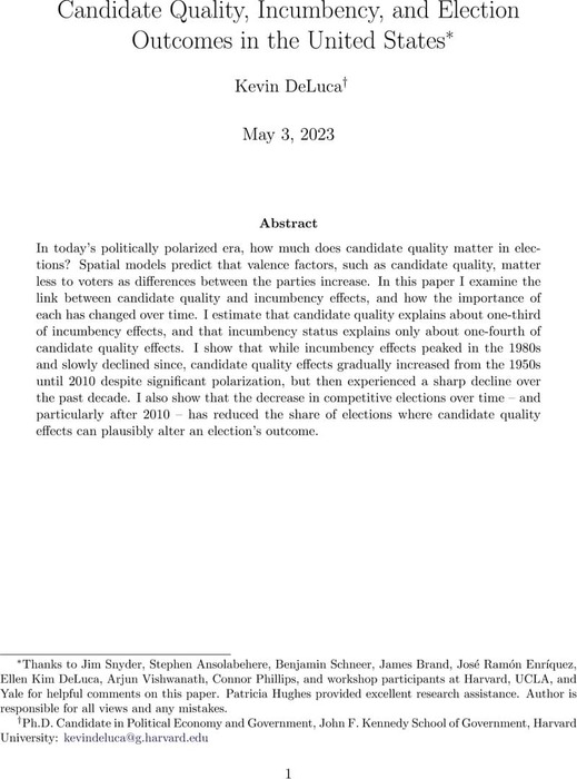 Candidate Quality, Incumbency, and Election Outcomes in the United ...