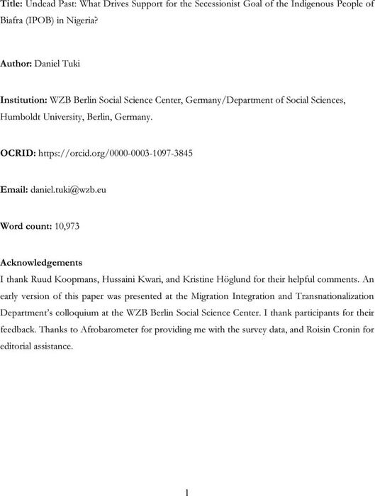Undead Past: What Drives Support for the Secessionist Goal of the Indigenous People of Biafra ...