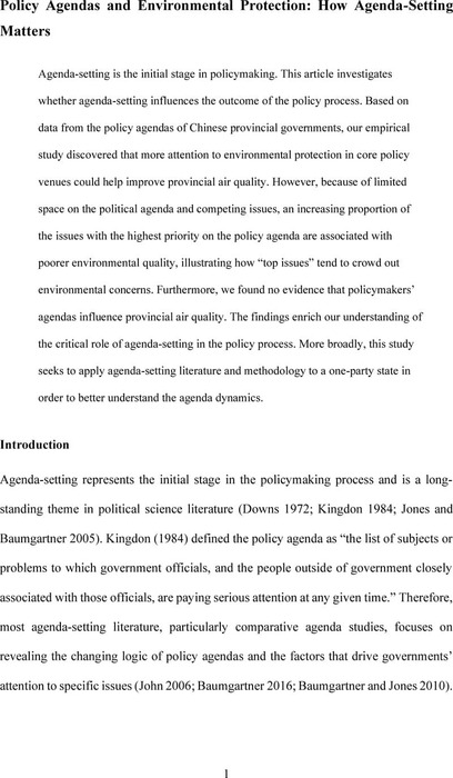 Policy Agendas and Environmental Protection: How Agenda-Setting Matters ...