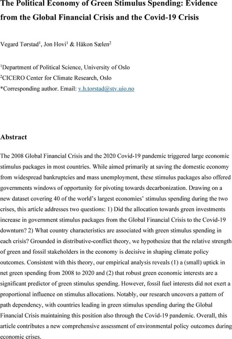 The Political Economy of Green Stimulus Spending: Evidence from the Global Financial Crisis and ...