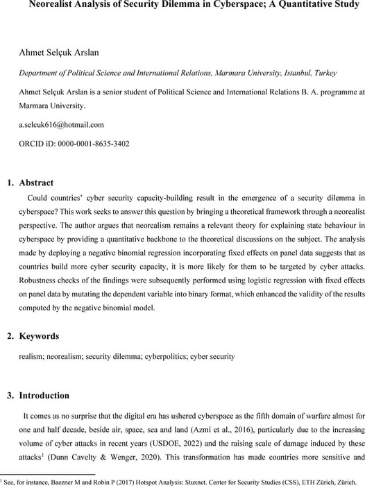 Neorealist Analysis of Security Dilemma in Cyberspace; A Quantitative ...