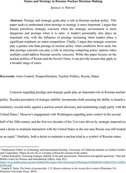 Status and Strategy in Russian Nuclear Policymaking | International ...
