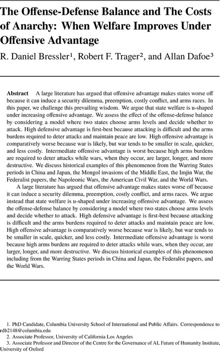 The Offense-Defense Balance and The Costs of Anarchy: When Welfare ...