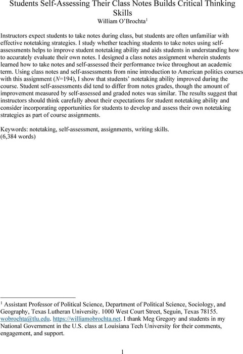 Students Self-Assessing Their Class Notes Builds Critical Thinking ...
