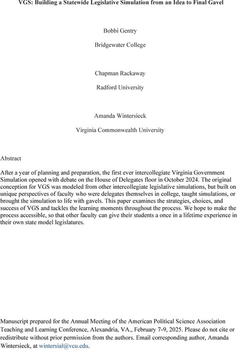 VGS: Building a Statewide Legislative Simulation from an Idea to Final ...