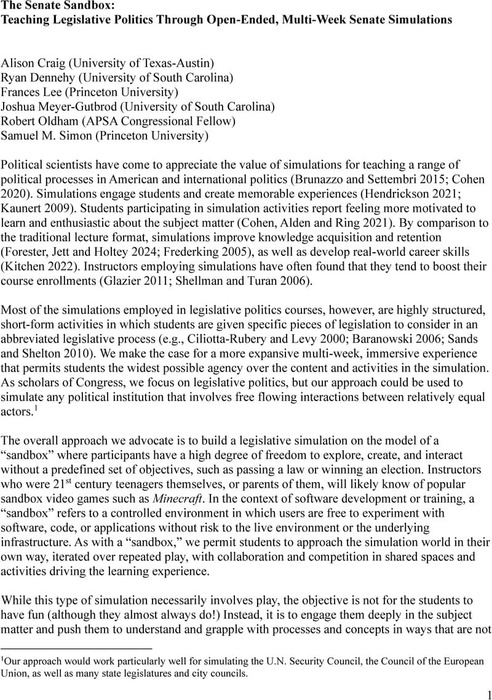The Senate Sandbox: Teaching Legislative Politics Through Open-Ended ...