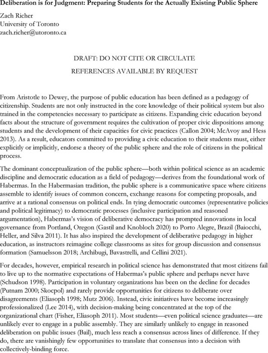 Deliberation is for Judgment: Preparing Students for the Actually ...