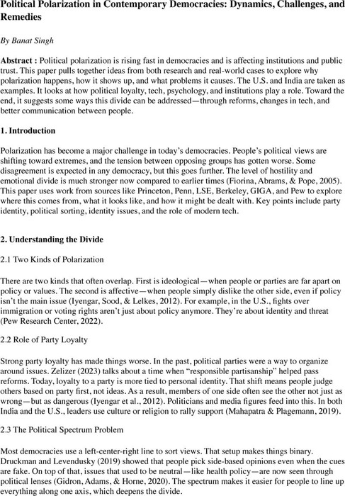Political Polarization in Contemporary Democracies: Dynamics ...