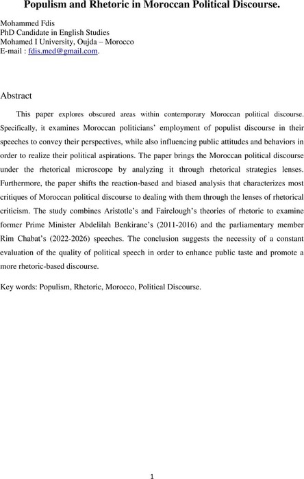 Populism and Rhetoric in Moroccan Political Discourse | Political ...