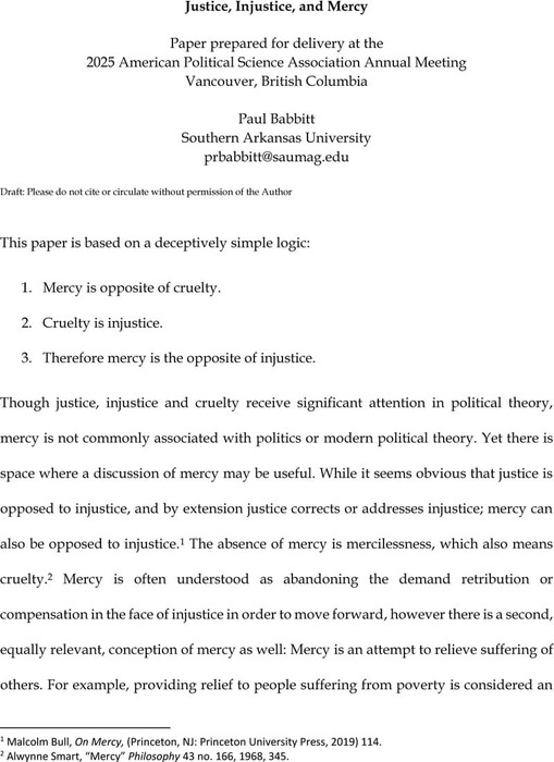 Justice, Injustice, and Mercy | Political Theory | APSA Preprints ...