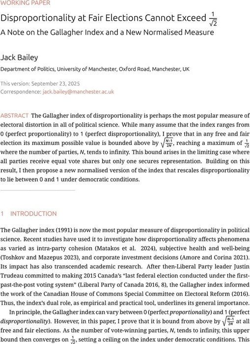 Disproportionality at Fair Elections Cannot Exceed 1/sqrt(2): A Note on ...