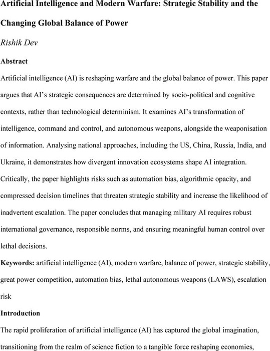 Artificial Intelligence and Modern Warfare: Strategic Stability and the ...